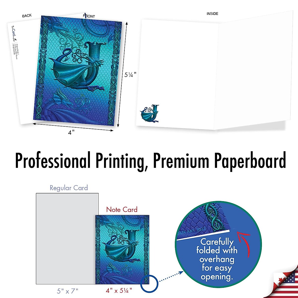 The Best Card Company - 20 Assorted Colored Monogram Blank Notecards, Personal Stationary Bulk Box Set 4 x 5.12 Inch w/Envelopes, Miss you and Just Because Notes - Dragon Initials J AM10319OCB-B2x10