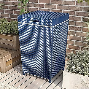 24/7 Shop at Home Locke Coastal Aluminum and All-Weather Wicker Outdoor Trash Can with Lid for Outdoor, Patio, Pool Area, Garden, Navy Blue and White
