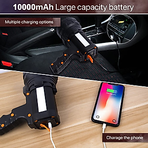 Rechargeable Spotlight, 10000 Lumens Led Spot Lights, Super Bright Handheld Flashlight with 10000mAh Power Bank&Warning Lamp, IP65 Waterproof Outdoor Searchlight Camping Hunting