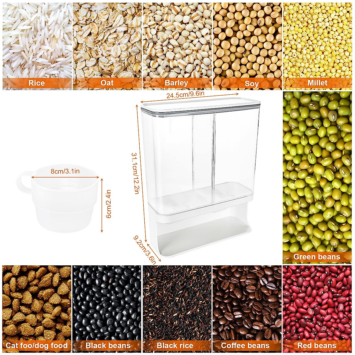 LANIAKEA Rice Dispenser, Laundry Detergent Dispenser, Wall-Mounted Rice Dispenser Container with Lids, Large Capacity Dry Food Storage Container for Rice, Beans, Laundry Scent Beads, Dog Food