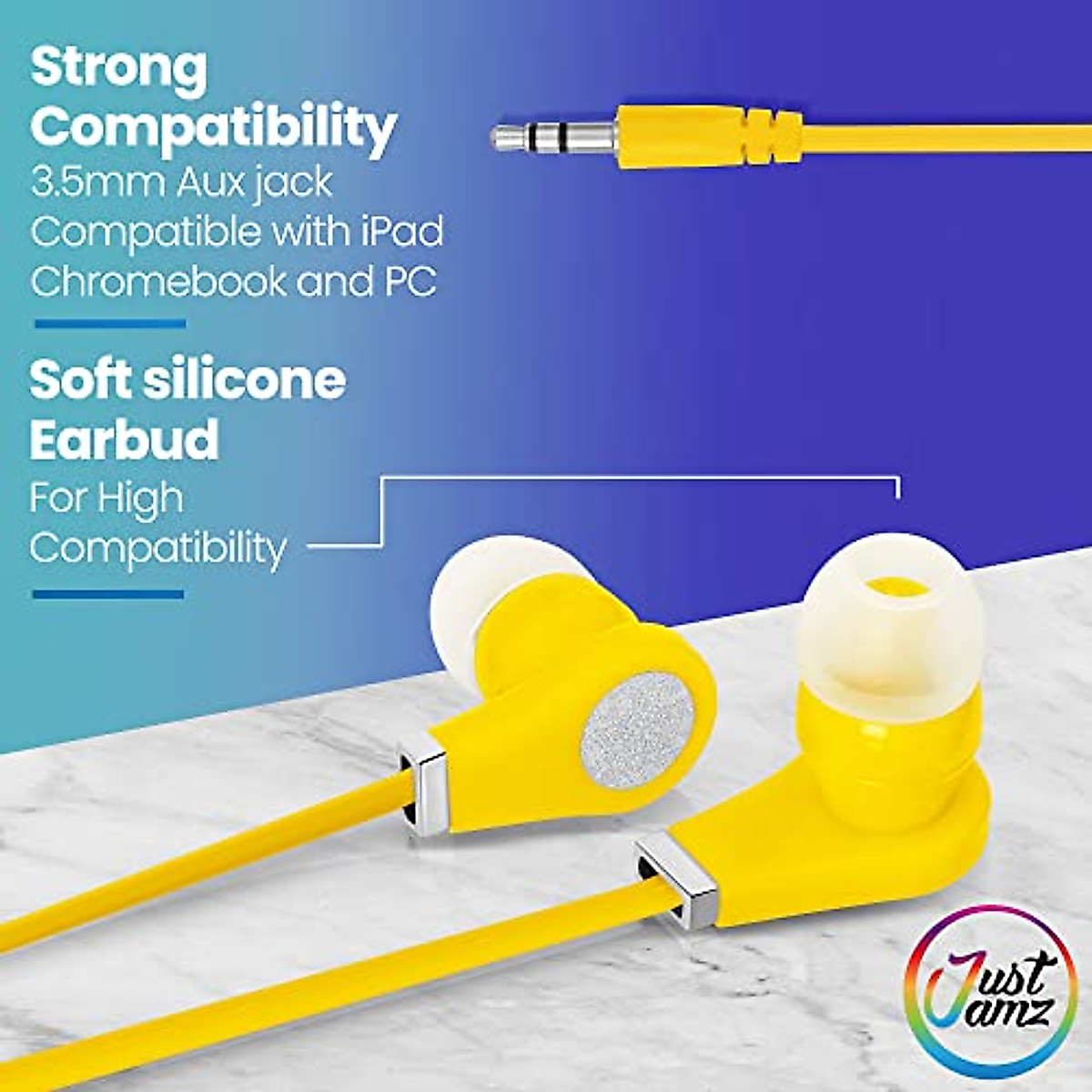 JustJamz Bulk Earbuds Bits, 100 Pack of Colorful in-Ear Earbuds, 3.5mm Stereo in-Ear Earphones, Bulk Earbuds, Disposable Headphones, Multi-Color Earphones for Schools, Kids, Classrooms & Libraries