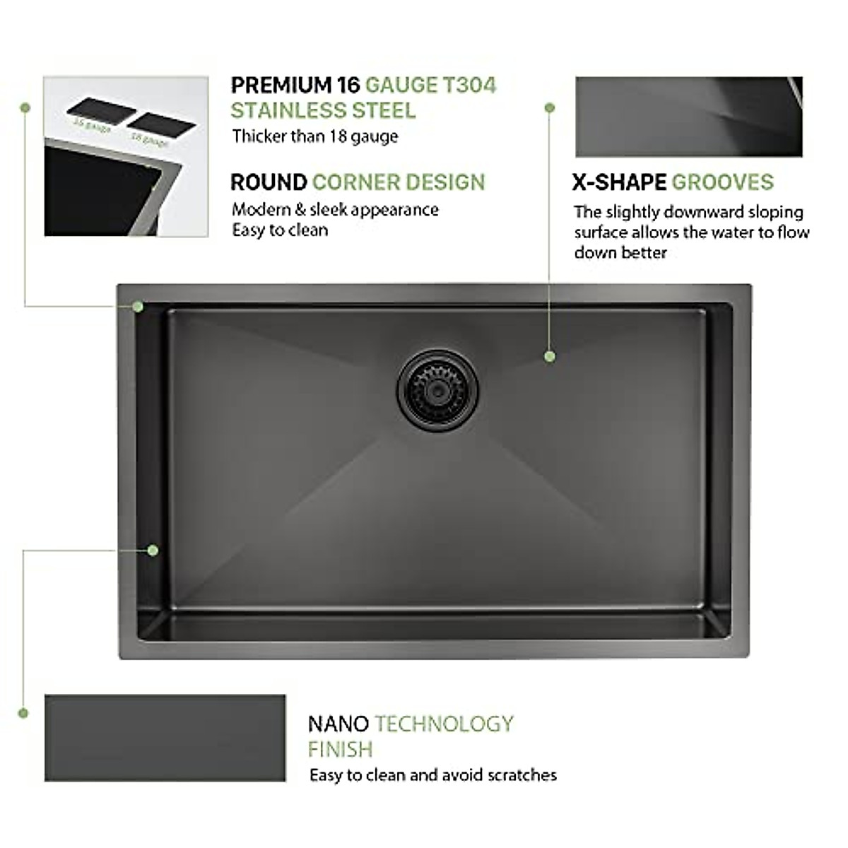 32 Inch Black Undermount Kitchen Sink - Beslend 32"x19"x10" Stainless Steel Gunmetal Black 16 Gauge 10 Inch Deep Single Bowl Basin