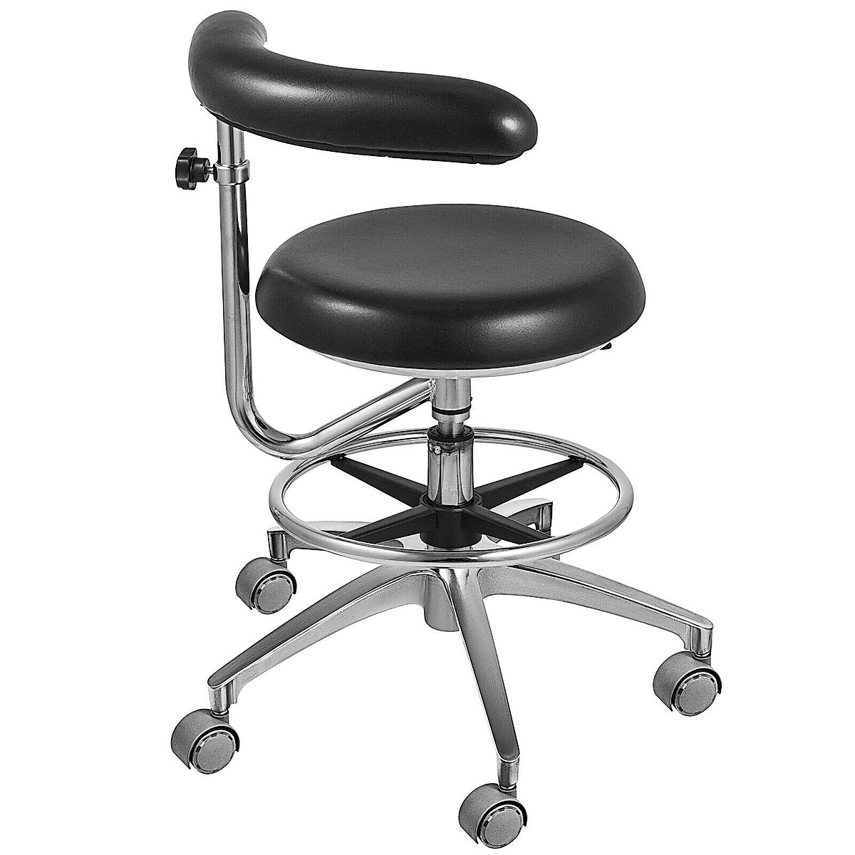 Aries Outlets Black Dental Assistant Stool 360° Rotation Armrest PU Leather Backrest Medical Office