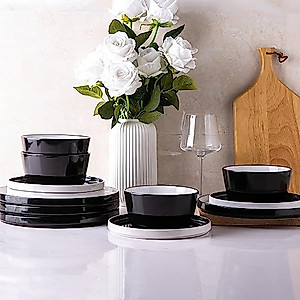 AmorArc Ceramic Dinnerware Sets for 4,12 -Piece Double Color Stoneware Plates and Bowls Set,Chip and Crack Resistant | Dishwasher & Microwave Safe Dishes Set,Service for 4 -White &Black