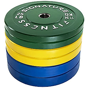 Signature Fitness 2" Olympic Bumper Plate Weight Plates with Steel Hub, 210LB Set (2x 25/35/45LB), Colored