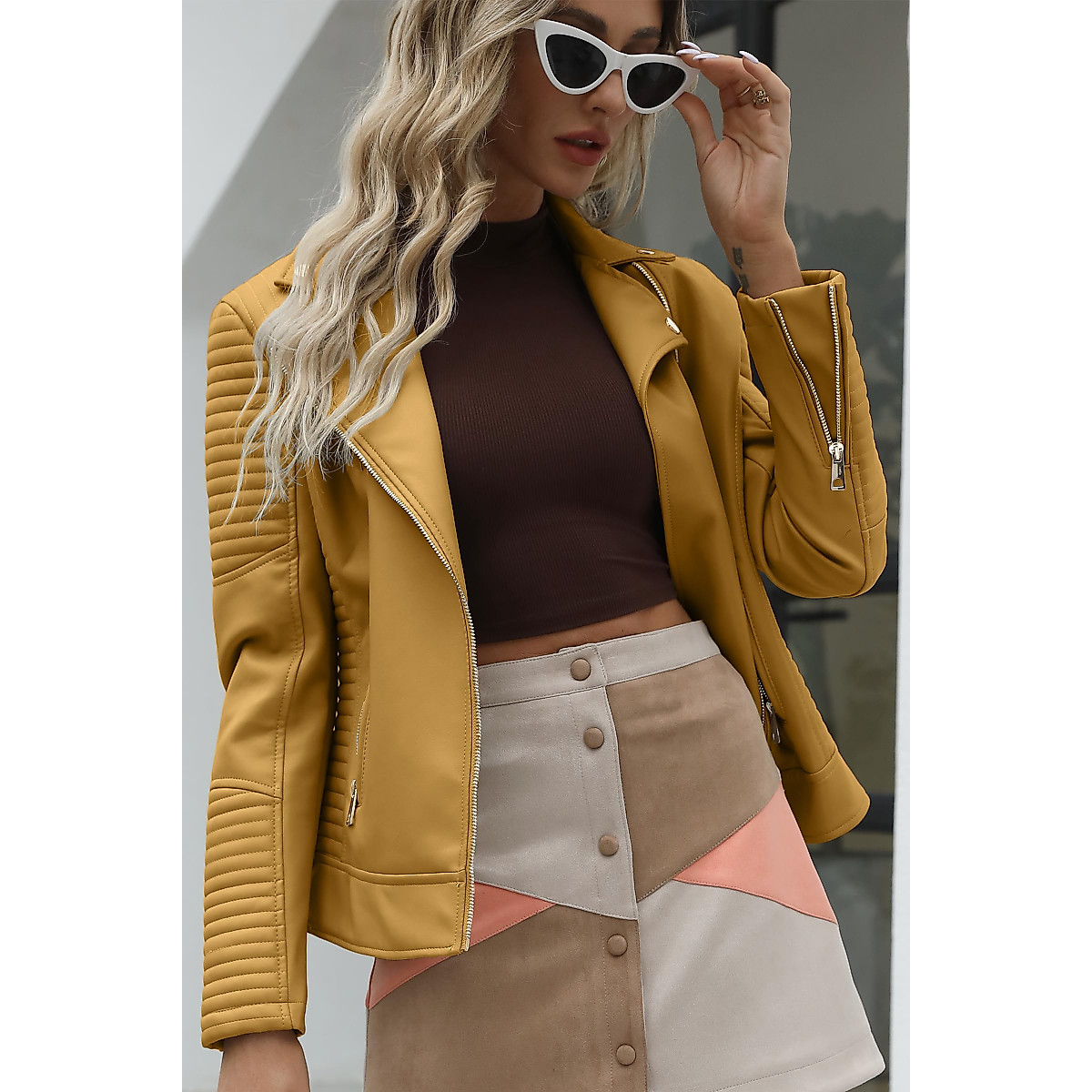 Giolshon Faux Leather Short Jacket Women Motorcycle Biker Casual Coat for Spring Fall and Winter 53 Ginger S