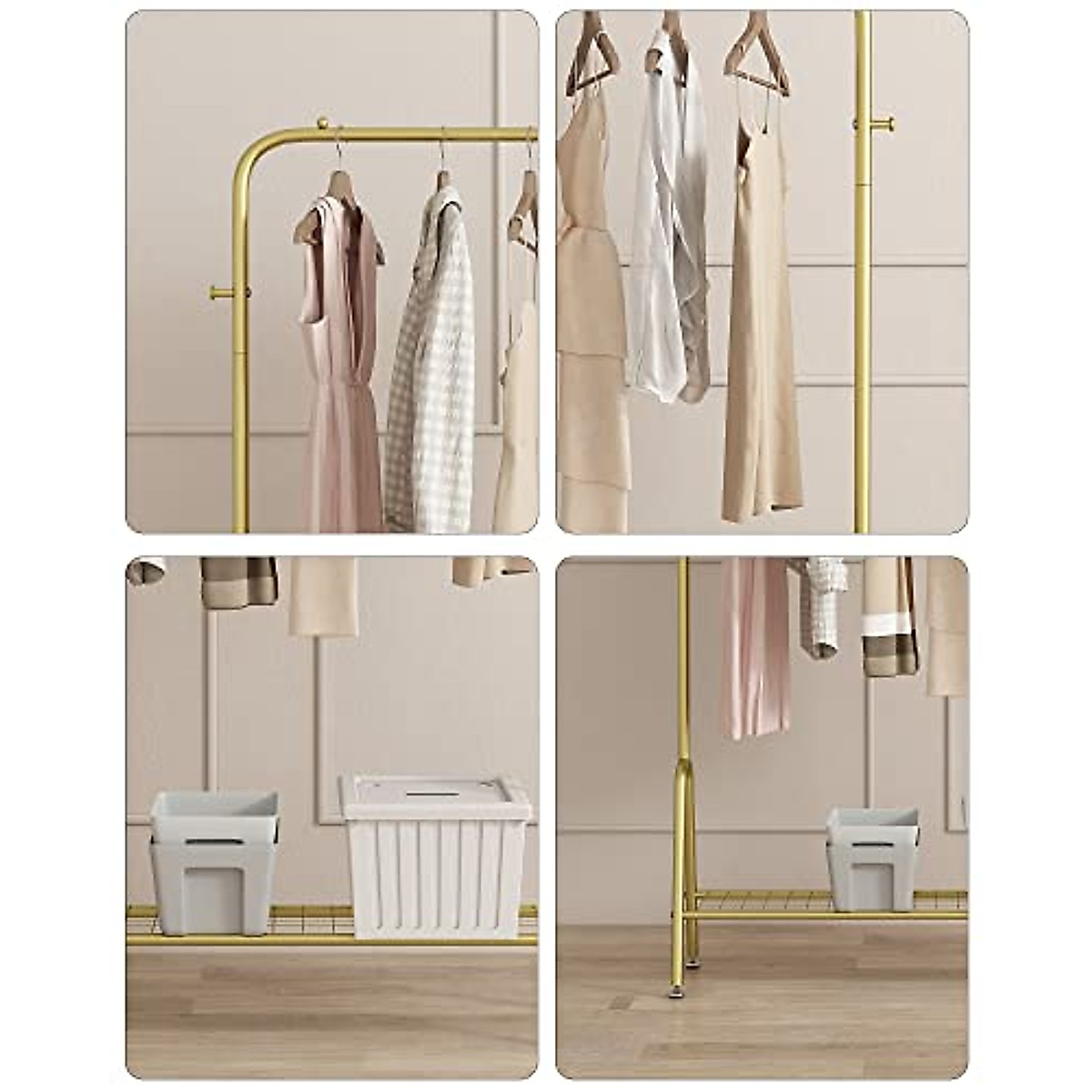 GAMNOF Gold Clothes Rack Metal Clothing Rack 1 Shelf Garment Rack for Storage and Organization of Clothes, Hats and Bags and etc
