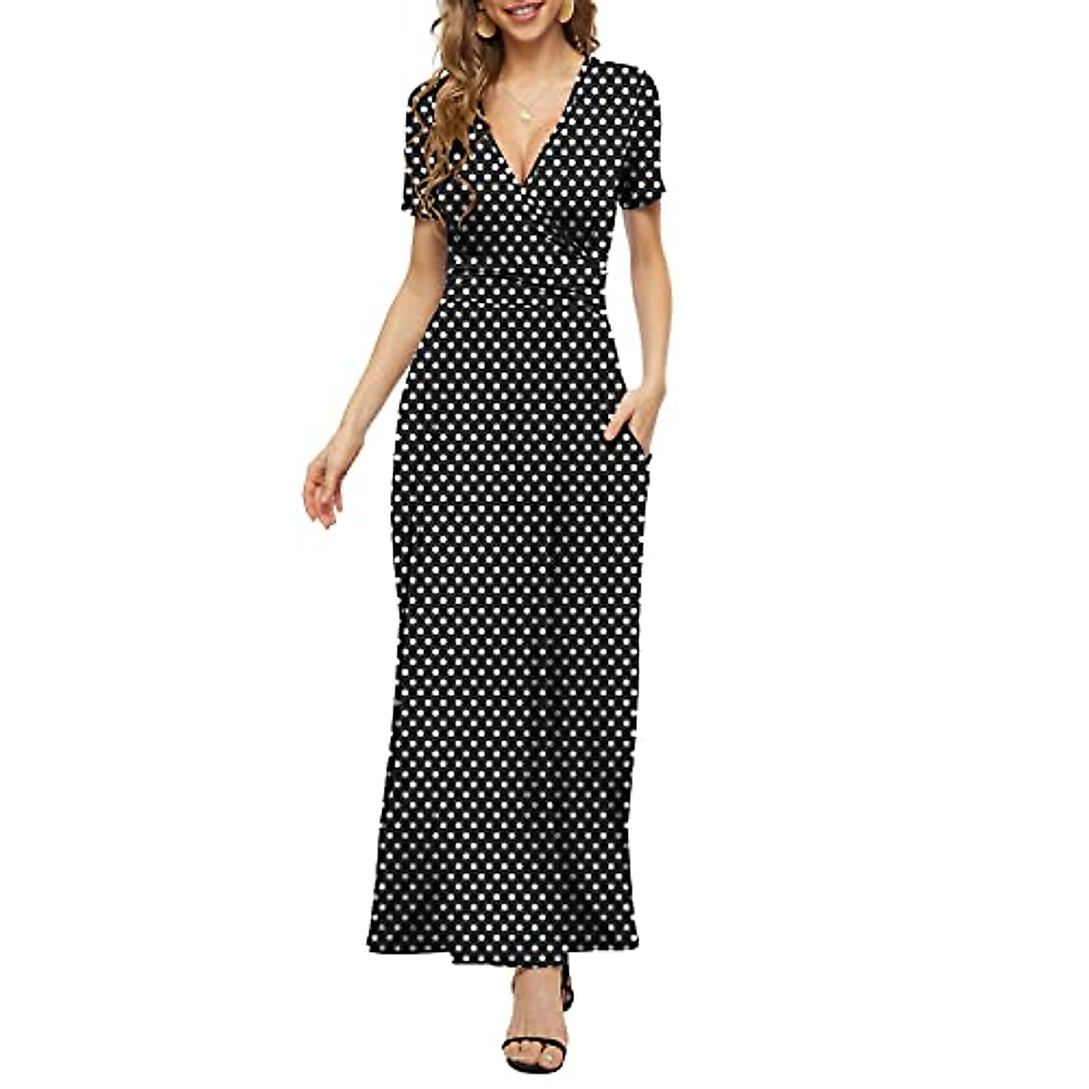 LILBETTER Women's Long Summer Dress Floral Maxi Short Sleeve Dresses with Pockets(F Black Polka Dot,X-Large)