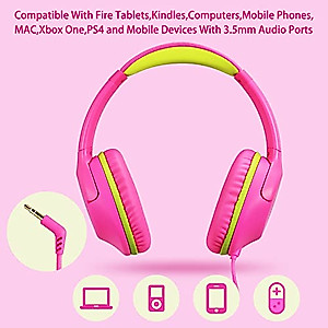 POWMEE Kids Headphones Over-Ear Headphones for Kids/Teens/School with 94dB Volume Limited Adjustable Stereo 3.5MM Jack Wire Cord for Fire Tablets/Travel/PC/Phones(Rose Red)