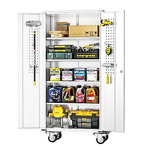 INTERGREAT 72" Metal Garage Storage Cabinet with Wheels, White Steel Locking Cabinet with 2 Adjustable Shelves and Doors, Rolling Metal Tool Cabinet for Home, Office, School, Garage