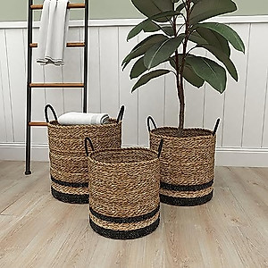 Deco 79 Seagrass Round Storage Basket with Handles, Set of 3 18", 17", 14"H, Black