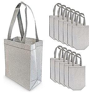 Silver Gift Bags - 12 Pack Medium Silver Reusable Gift Bag Tote with Handles, Glitter Metallic Bling Shimmer, Eco Friendly for Kids Birthdays, Bridesmaids, Party Favors, Grocery Shopping - 8x4x10