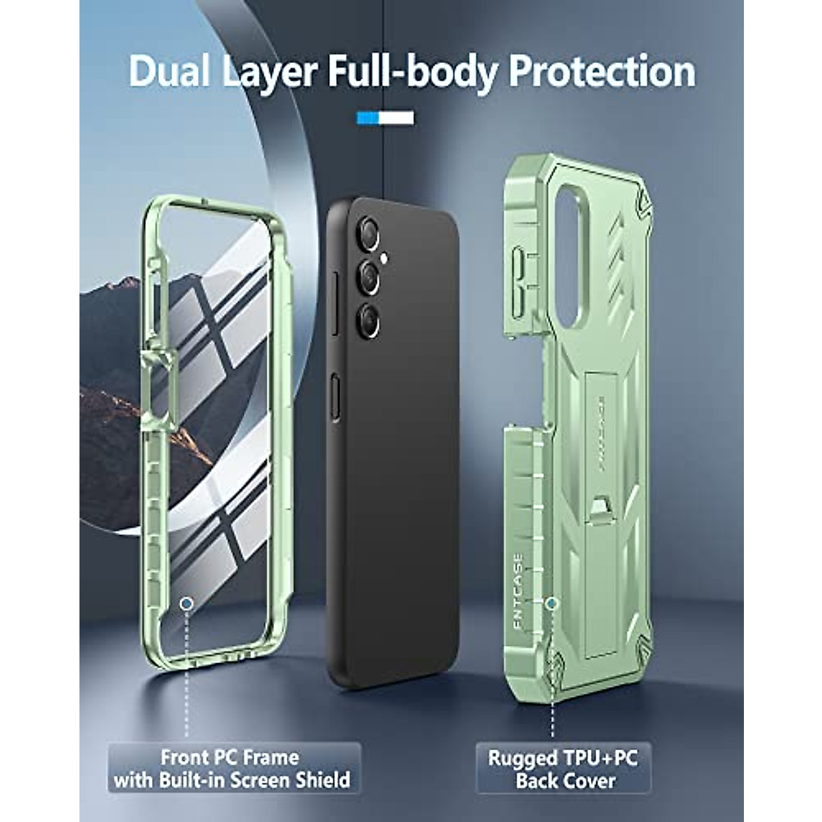 FNTCASE for Samsung Galaxy A14-5G Case: Dual-Layer Protective Textured Shockproof Rugged TPU Cover with Kickstand | Military Grade Drop Protection | Heavy Duty Cell Phone Protector(Lime Green)