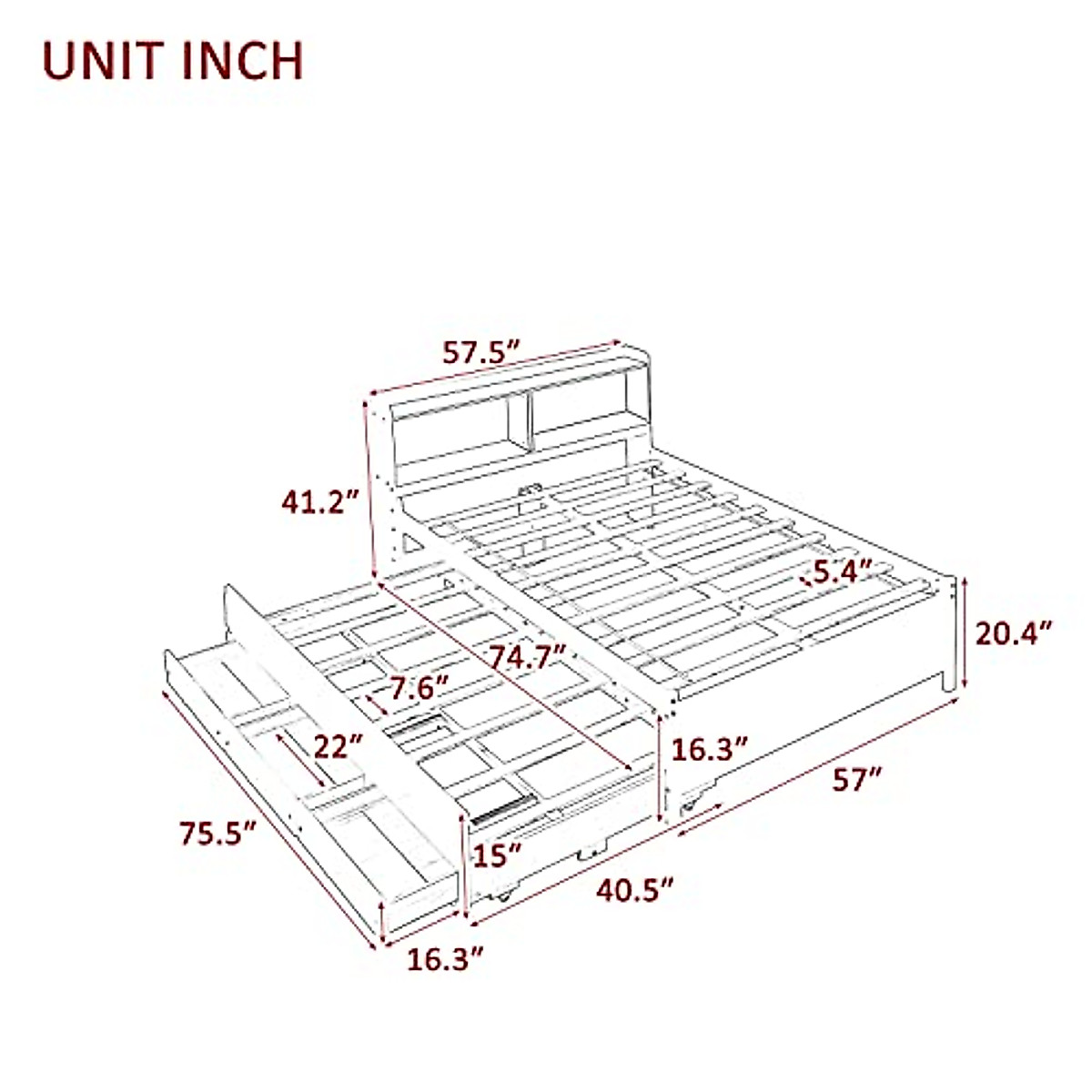 BIADNBZ Full Size Platform Bed with Trundle and Drawers, Wooden Bedframe with Storage Headboard&Bookcase for Kids Teens Bedroom, No Box Spring Needed, Espresso