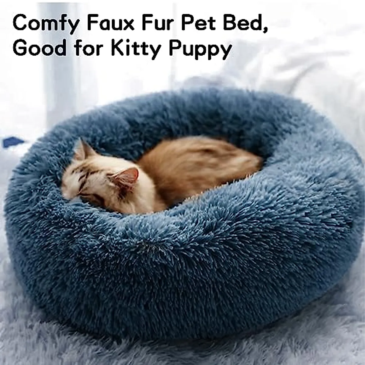 Yvnicll Calming Dog & Cat Bed with Blanket,Pet Beds for Small Dogs Bed with Removable Washable Cover,Anti Anxiety Dog Bed Cuddler Fluffy Faux Fur Plush Pet Donut Round Bed for Small Dogs（Navy,XS,20"）