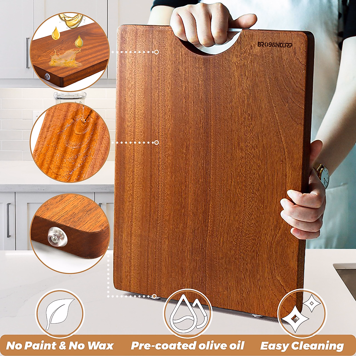 Brosisincorp Real Solid Sapele Wood Cutting Board One Piece No Glue Non Toxic All Whole Single Wood Butcher Block Thick Hard Wood Heavy Duty Edge Grain (X-large, 17.71"L*11.81"W*1.18"Th)