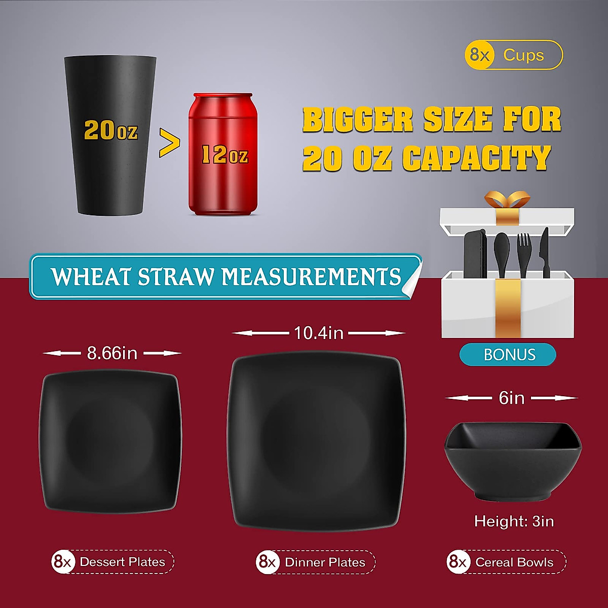 Teivio 32-Piece with flatware Kitchen Plastic Wheat Straw Square Dinnerware Set, Service for 8, Dinner Plates, Dessert Plate, Cereal Bowls, Cups, Unbreakable Plastic Outdoor Camping Dishes, Black