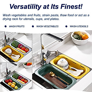 YUNKWONG Extendable Sink Colander Strainer Basket - Wash Vegetables and Fruits, Drain Cooked Pasta and Dry Dishes - Adjustable Over the Sink Colander Collapsible Drainer Basket -Gray