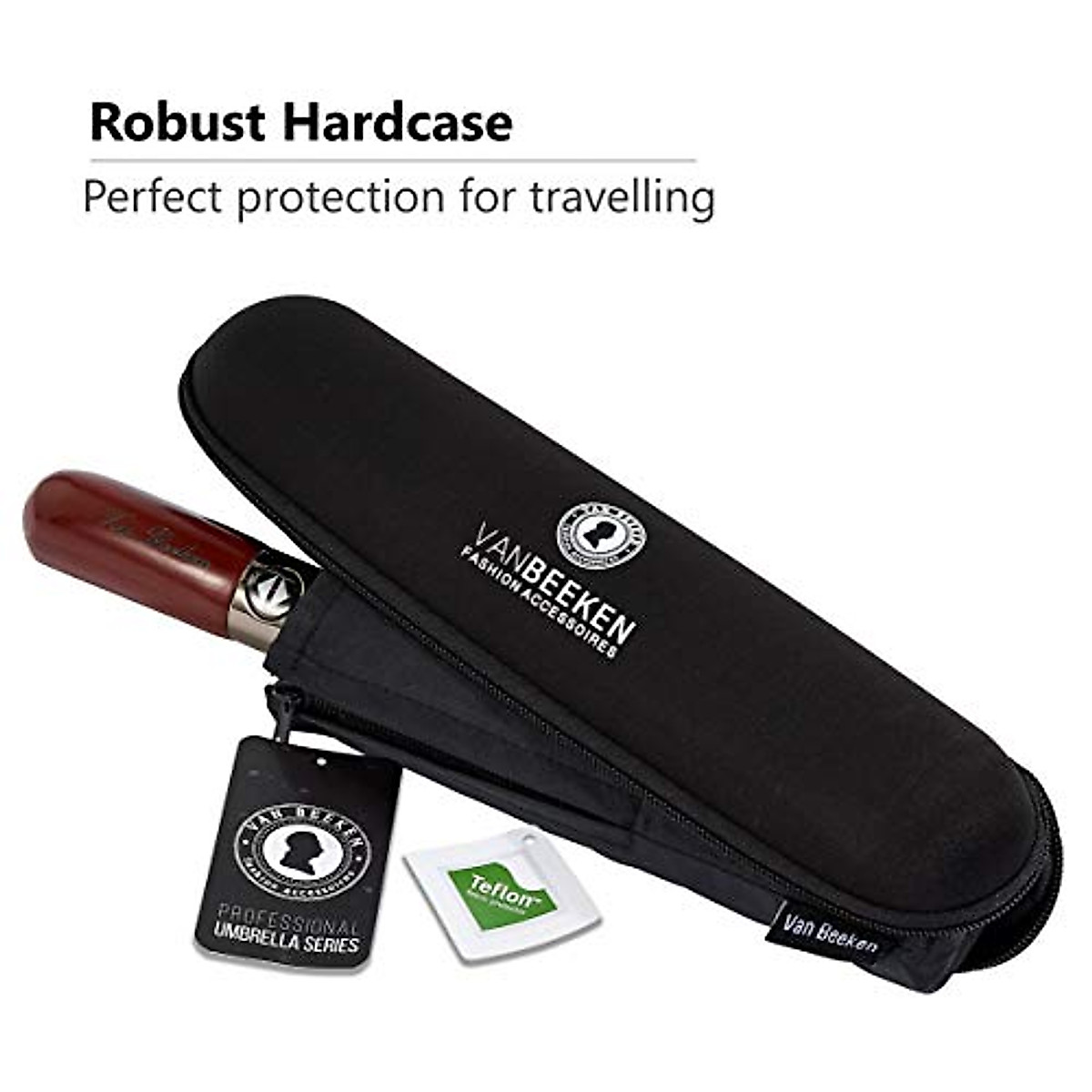 VAN BEEKEN Umbrella with Wooden Handle – Lightweight, Portable and Compact, Ideal for Travel – City Umbrella with Auto Open Close Function - Umbrella Windproof for Men