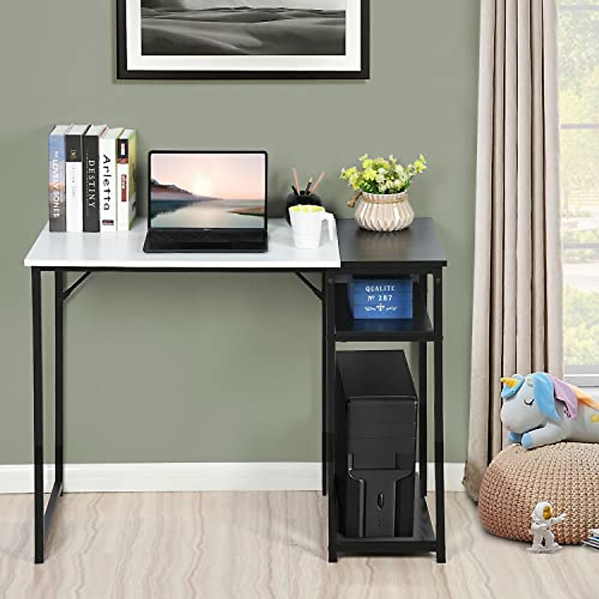 Homy Casa Inc Computer 40 inch Study Writing Table with Storage Shelves Space Saving for Home Office, Modern Simple Style PC Metal Frame Desks, Black White