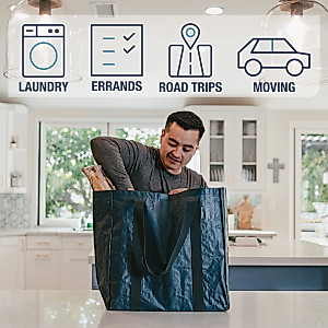 CleverMade 2 Pack Storage Tote, Tall Frakta Shopping Bag, Heavy Duty Multi-Purpose Bags for Moving, Grocery Shopping, and Toting; Ocean Blue, Large