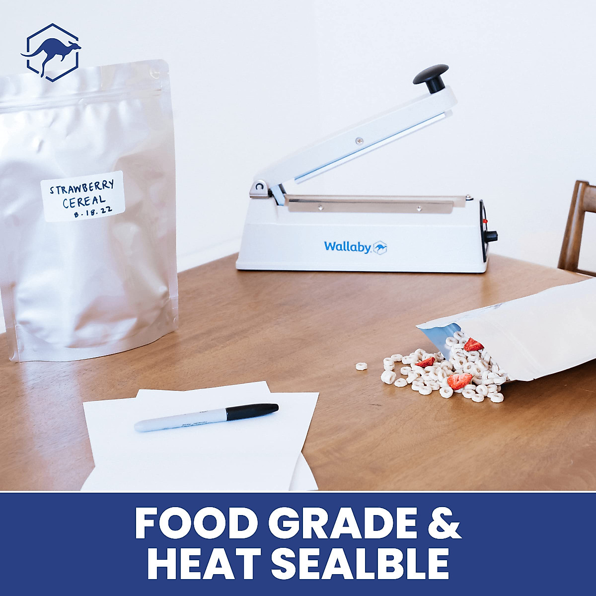 50x Wallaby 2-Quart Gusset Mylar Bag Bundle - (7 Mil - 8" x 12") Stand-Up Zipper Pouches + 50x Labels - Heat Sealable, Food Safe, & Reliable Long Term-Food Storage Solutions - Silver