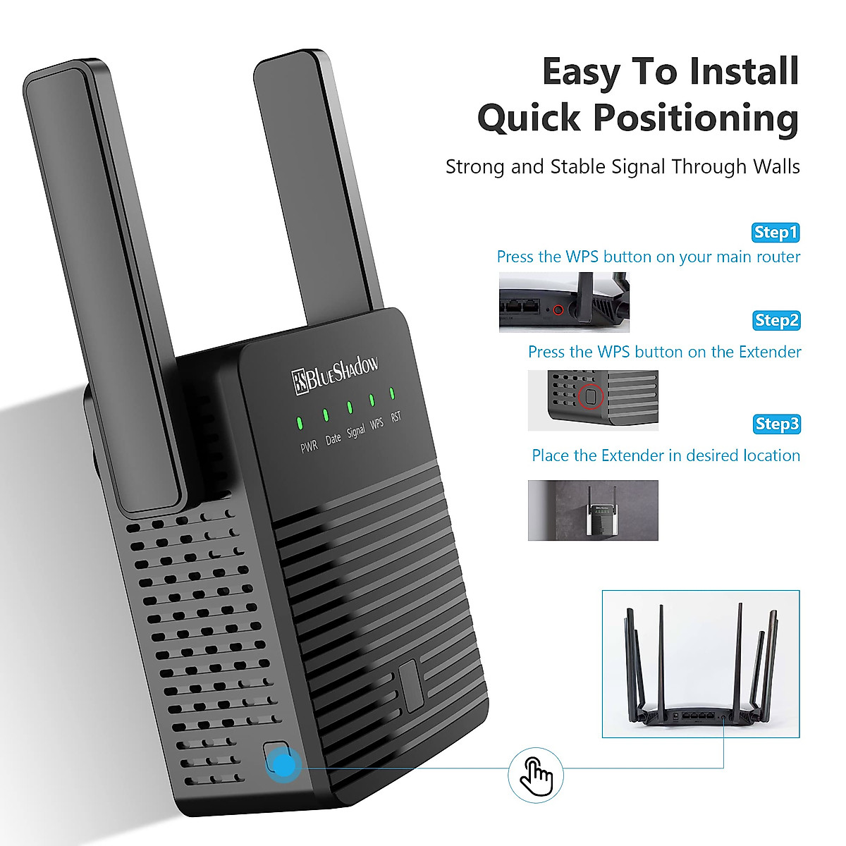 Blueshadow WiFi Extender, Dual Band WiFi Repeater Connects 20 Devices Wall Through Strong AC1200 WiFi Extender Booster Wireless Signal Range Extender That Cover Up to 1000 Sq. Ft
