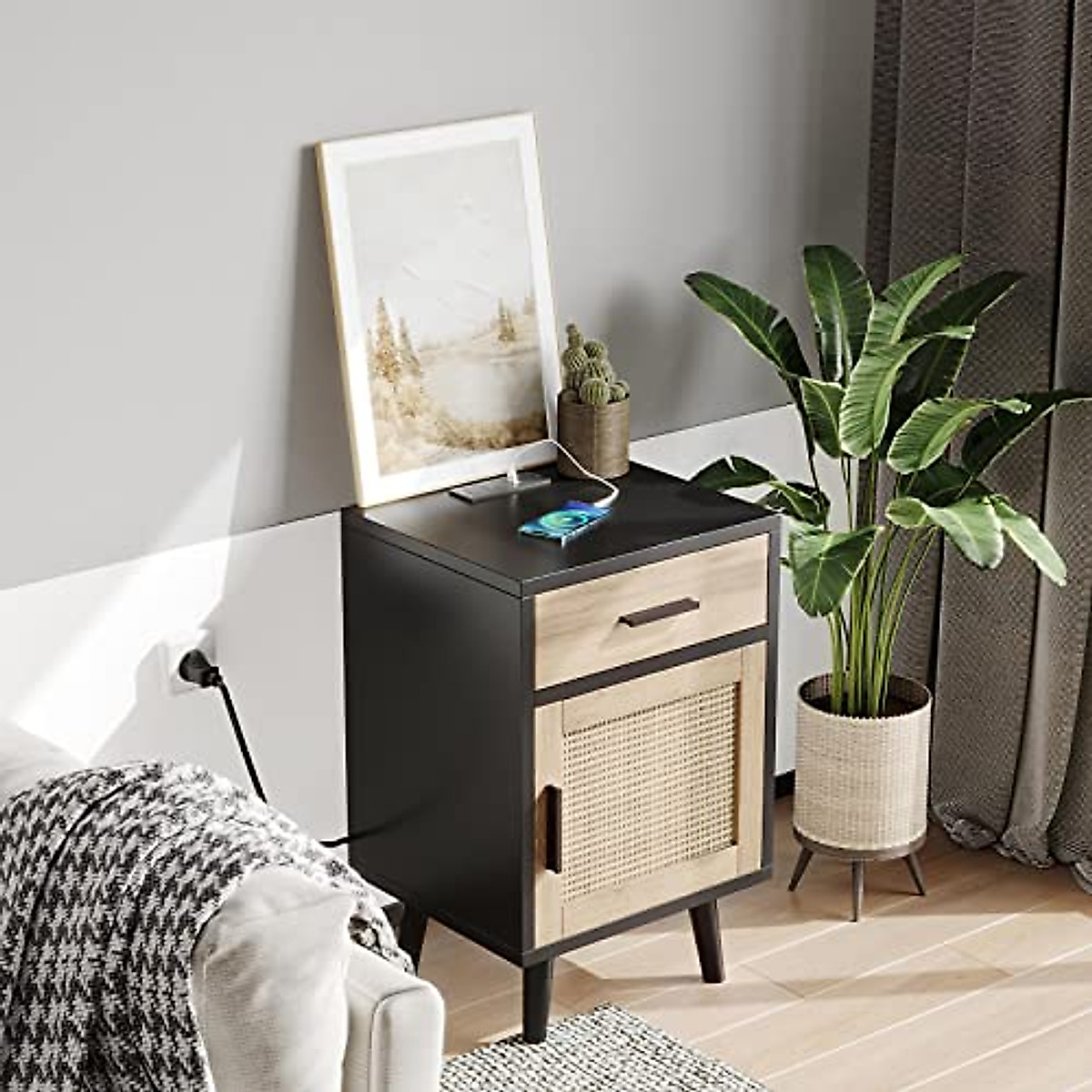 Irontar Rattan Nightstand Set of 2, Nightstand with Charging Station, Beside Table with Drawer and USB Ports, Farmhouse Side Table with Door, Night Stand for Bedroom, Black and Natural BZZ005ME02