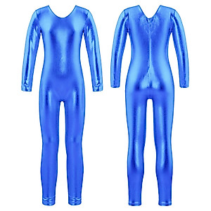 easyforever Kids Girls One Piece Long Sleeves Full Body Footless Gymnastics Ballet Dance Leotard Jumpsuit Royal Blue Shiny Metallic 4 Years