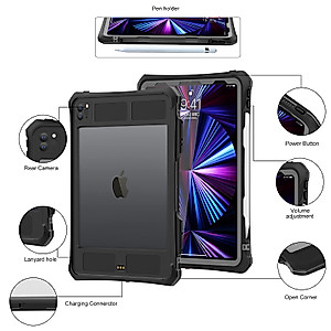 ShellBox Case New iPad Pro 11 inch 2022&2021&2020 Waterproof Case, Full-Body Heavy Duty Shockproof Protective Cover with Kickstand Built-in Screen Protector Pencil Holder Shoulder Strap
