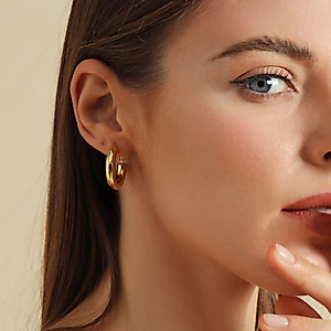 Thick Gold Hoop Earrings for Women, 18K Real Gold Plated 925 Sterling Silver Post Small Chunky Hoops Earrings, Hypoallergenic Big Large Statement Tube Design Earring Gift 25mm