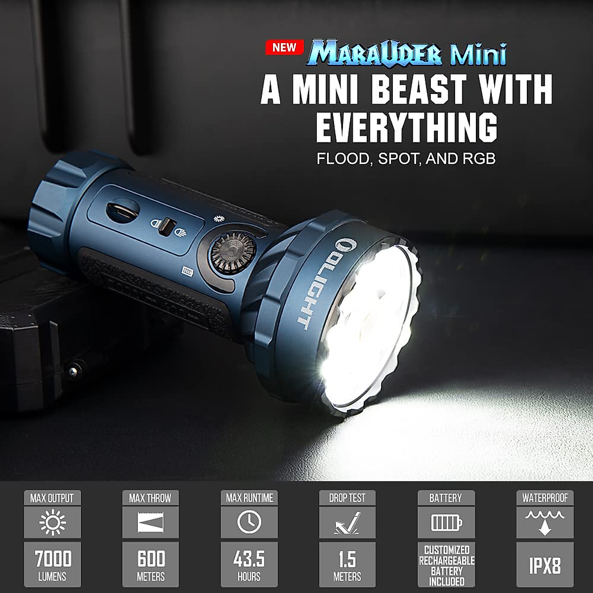 OLIGHT Marauder Mini 7,000 Lumens Bright Flashlight with 600 Meters Beam Distance, Powerful RGB Flashights, Magnetic Rechargeable Lights for Outdoors Work, Hunting, and Searching (Midnight Blue)