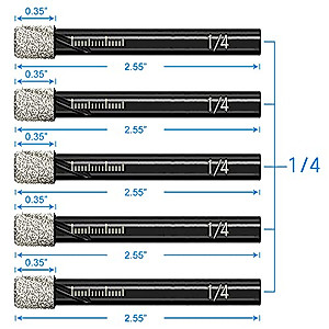 DKIBBITH 1/4" Dry Diamond Drill Bits Set 5 PCs 6mm for Granite Ceramic Marble Tile Stone Glass Hard Materials (not for Wood), Round Shank with Storage Case