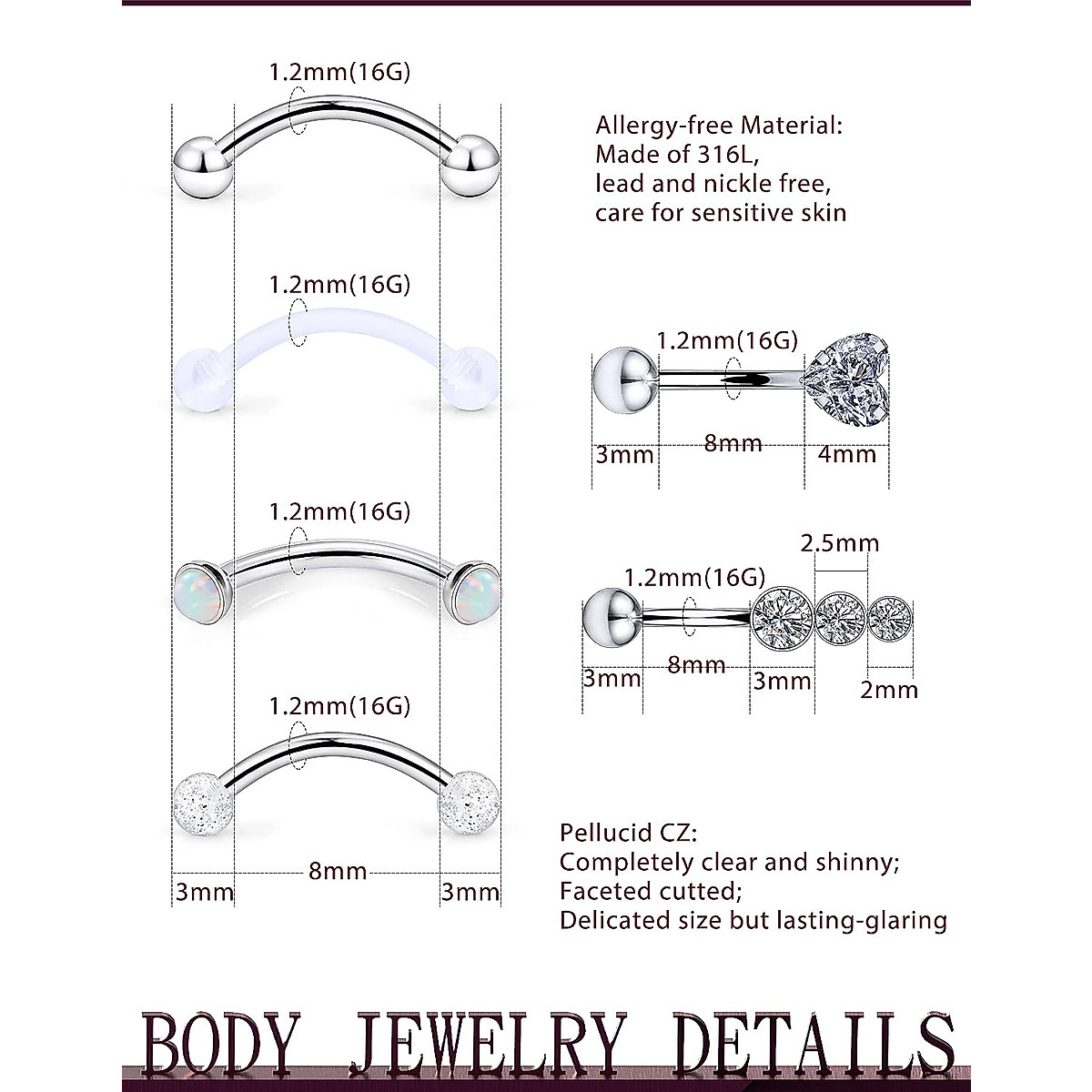 Jenxnjsjo Eyebrow Rook 16g Piercing Jewelry Rings for Women Vertical Labret Lip Hood 16 Gauge Curved Barbell Snug Earrings Belly Button Snake Frog Eyes Vch Bridge Cartilage Daith Surface Anti Tragus