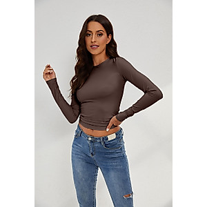 KAMISSY Women’s Workout Long Sleeve Yoga Basic Tee Shirt Casual Round Neck Slim Athletic Running Solid T-Shirt Top Coffee