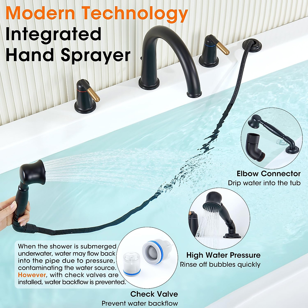 Wintap Black & Rose Gold Roman Bathtub Faucet Set with Hand Shower & Brass Valve Widespread Deck Mount 4 Hole High Flow Tub Faucets