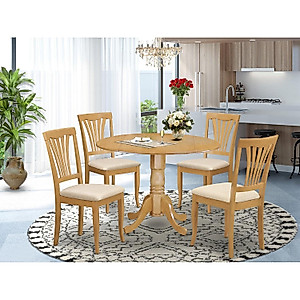 East West Furniture DLAV5-OAK-C 5 Piece Kitchen Table & Chairs Set Includes a Round Dining Table with Dropleaf and 4 Linen Fabric Dining Room Chairs, 42x42 Inch, Oak