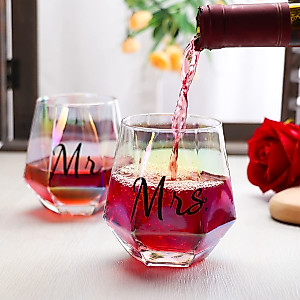 Ymyaye Mr and Mrs Wine Glasses Set of 2 Wedding gifts, Engagement Gift, Iridescent Diamond Shaped Wine Glasses for Couples Gifts, Unique Colorful Stemless Wine Glasses for His and Hers (Mr. and Mrs.)