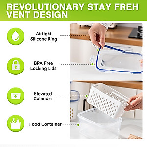 3 Pack Fruit Storage Containers for Fridge, Airtight Food Storage Containers with Removable Colander, Produce Saver Organizers Storage for Refrigerator, Keep Fruit Vegetable Meat Berry Fresh Longer