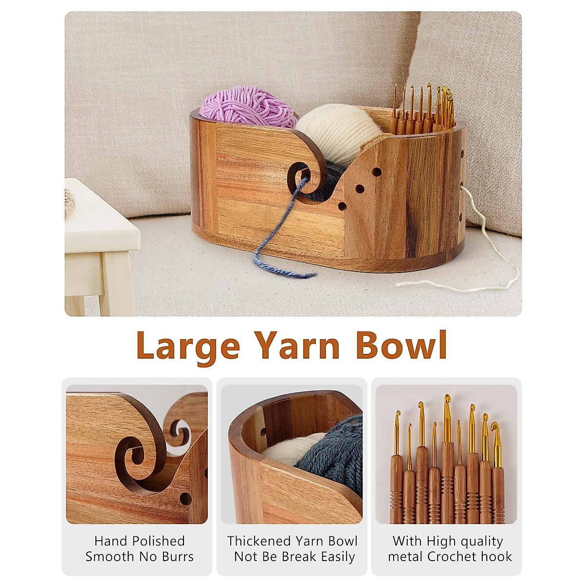 Oval Yarn Bowl, Crochet Yarn Holder with 9pcs Knitting Hooks, Yarn Storage Crochet Bowl Knitting for Crocheters, Large Yarn Bowl Acacia Wooden 11.3x5.9x4.7inch (Acacia Yarn Bowl)