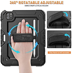 Timecity Case for iPad Pro 11 inch (1st, 2nd, 3rd, 4th Generation), Heavy Duty Rugged Protective Case with Built-in Screen Protector, Pencil Holder, 360 Rotating Stand&Handle, Shoulder Strap- Black