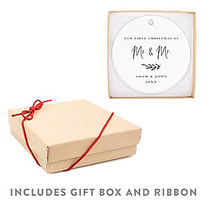 Andaz Press Personalized Gay Couple Wedding Round Ceramic Porcelain Tree Ornament Engagement Keepsake Gift, Our First Christmas As Mr. & Mr, 2024, Antique Handdrawn, 1-Pack Gay Christmas Ornaments