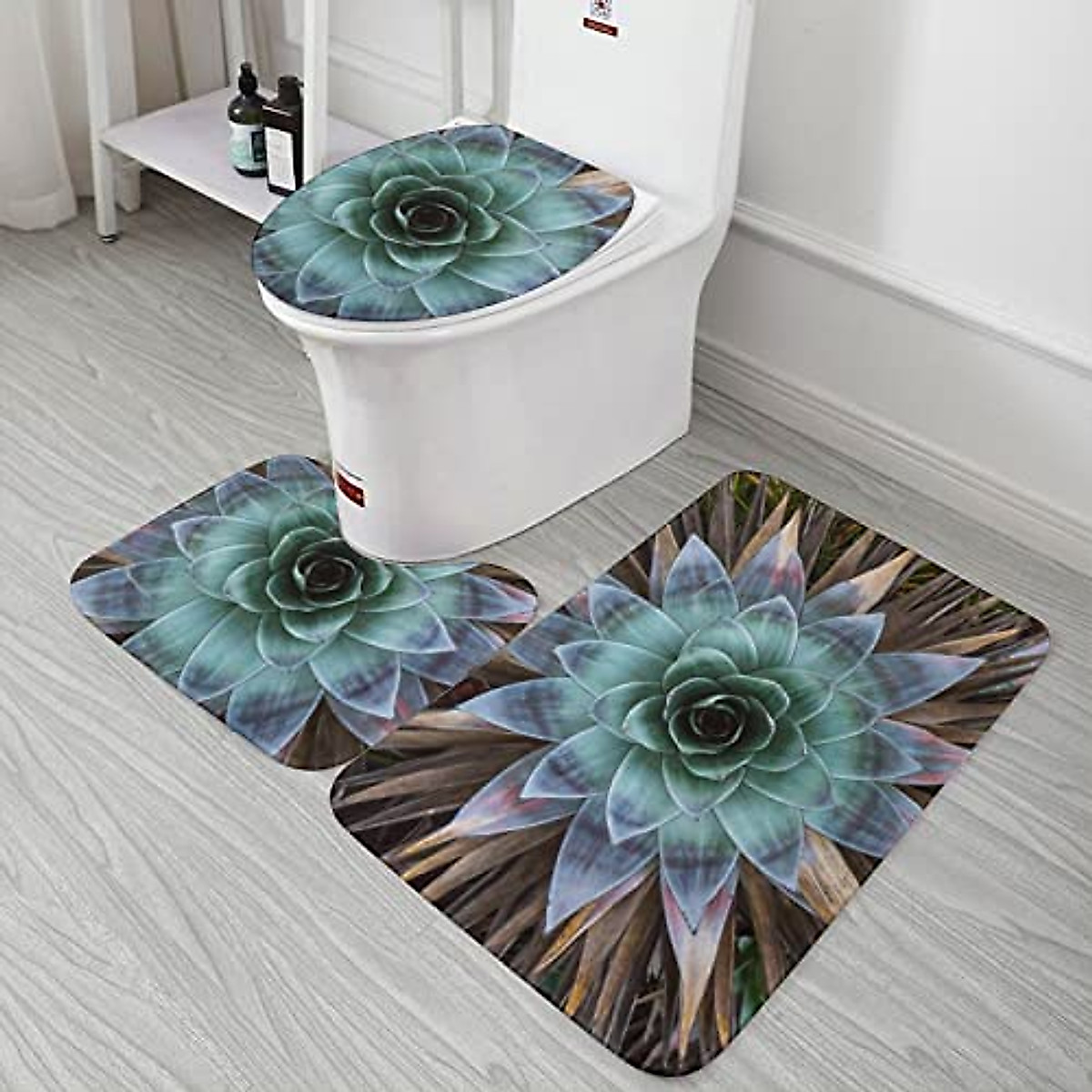 Habilboi 3 Pieces Bathroom Mat Bath Mat Set Blue Plant 20x32inch Non-Slip Bathroom Decor Doormat Runner Rugs,U-Shaped Toilet Floor Mats,Toilet Seat Cover
