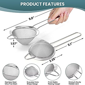 CUNSENR Premium Fine Mesh Tea Strainer - Stainless Steel Cocktail Strainer for Drink - Small Strainers for Kitchen, Tea Herbs, Juice, Coffee - Mini Strainer for Juicing - Easy to Use & Clean, Silver