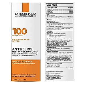 La Roche-Posay Anthelios Melt-in Milk Body & Face Sunscreen Lotion Broad Spectrum SPF 100, Oxybenzone & Octinoxate Free, Sunscreen for Kids, Adults & Sun Sensitive Skin, Unscented, 3 Fl oz