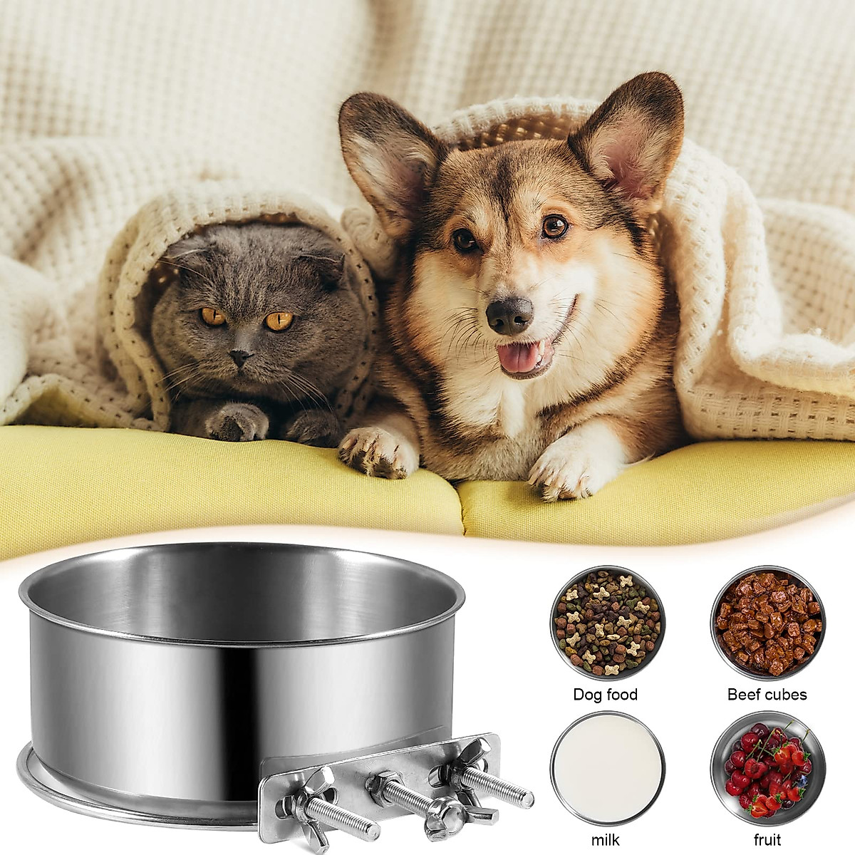 Dog Crate Water Bowl, 2 Pack No Spill Hanging Cage Food Bowls for Kennel Puppy Cat Bird Bunny Stainless Steel Metal Mountable Small&Medium Feeding Dish Wall Mounted Attachable Crates Pet Feeder