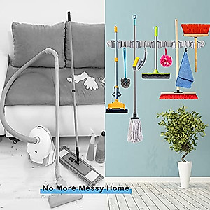 Surmopeak Mop and Broom-Holder Wall Mount, Broom-Organizer-Wall-Mount Self Adhesive, 16" Mounting Holes Mop-Broom-Hanger, Broom-Storage-Rack for Laundry Room, Garage Organization(5 Grippers 4 Hooks)