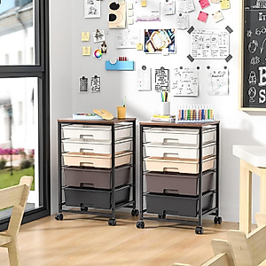 TOOLF Utility Cart with 5 Drawers,Storage Drawer Cart with Wooden Tabletop and Lockable Wheels,Craft Storage Trolley Cart,5-Tier Rolling Utility Cart on Wheels (Brown)