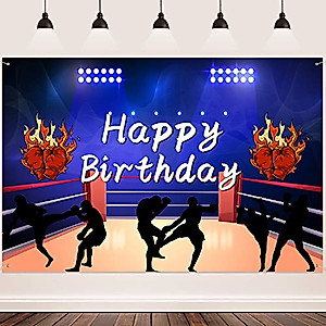 FHZON Boxing Birthday Backdrop Ring Blue Lights Photo Booth Wrestling Boxers Red Flame Gloves Banner Props Gym Decor Supplies Theme Party Live Background 7x5ft BJZZFH125