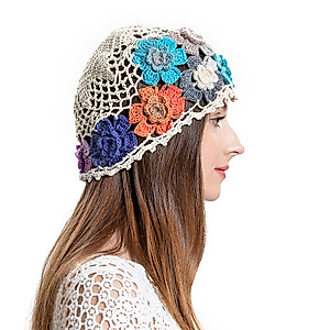 ZLYC Women Cotton Crochet Skull Cap Handmade Knit Cutout Floral Beanie Hat (Flowers Beige)